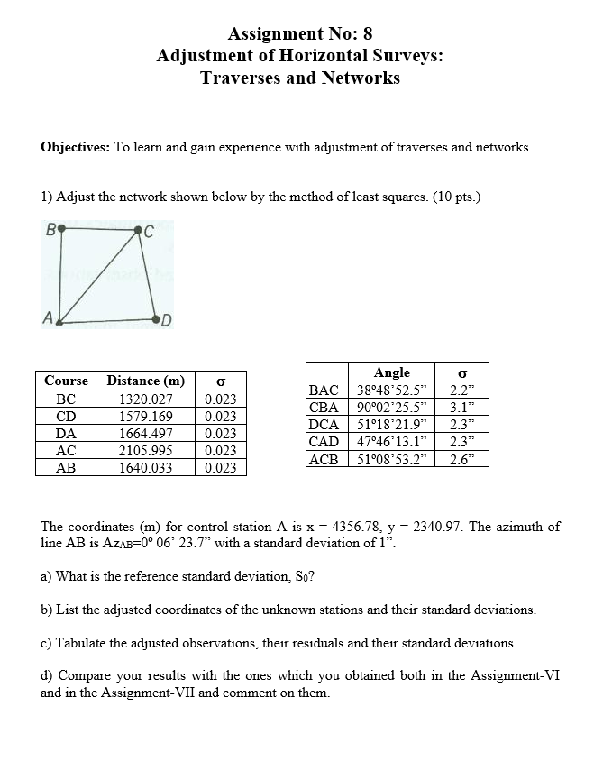 Assignment No: 8 Adjustment of Horizontal Surveys: | Chegg.com