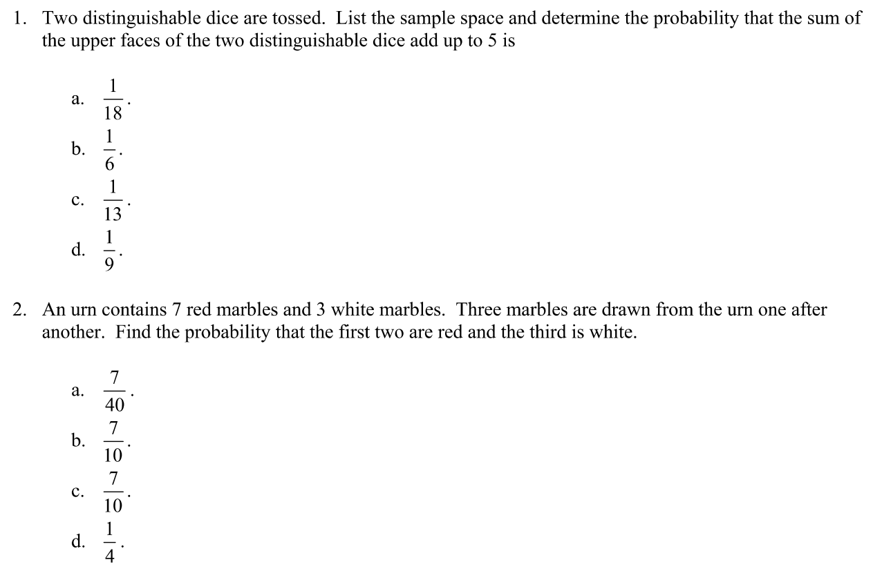 Solved 1. Two distinguishable dice are tossed. List the | Chegg.com