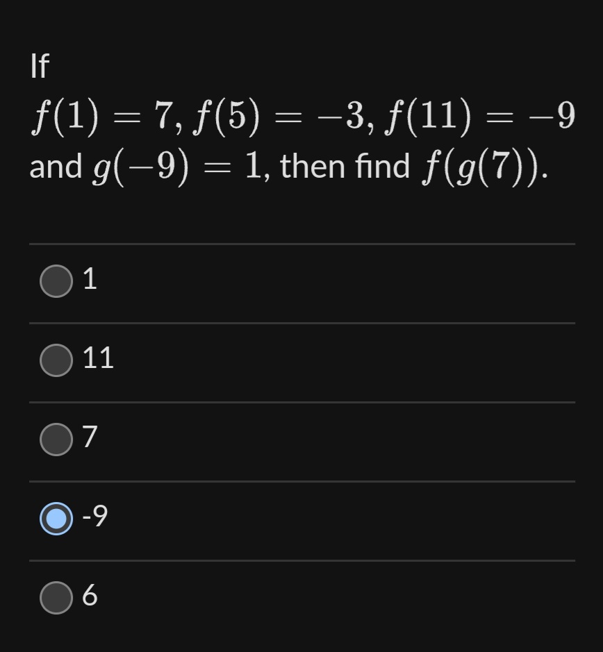 Solved f(1)=7,f(5)=−3,f(11)=−9 and g(−9)=1, then find | Chegg.com