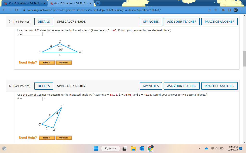 Solved Use the Law of Cosines to determine the indicated | Chegg.com