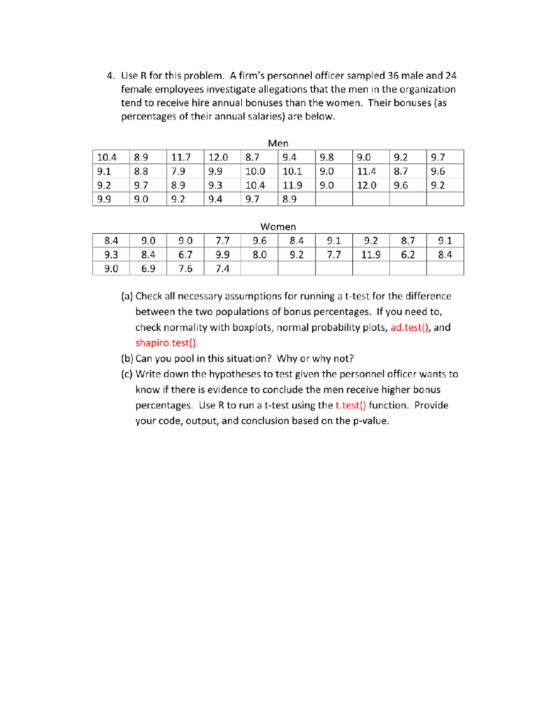 Solved 4. Use R for this problem. A firm's personnel officer | Chegg.com