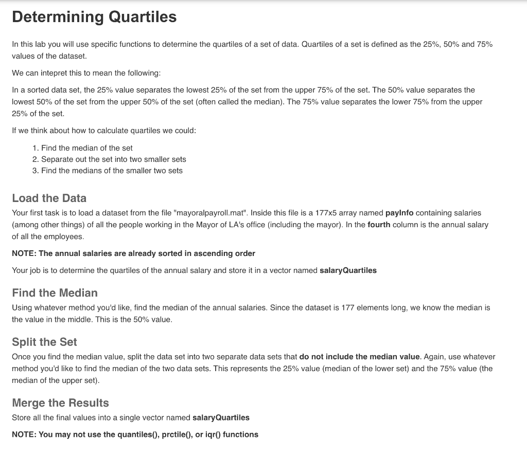 Determining Quartiles In this lab you will use | Chegg.com