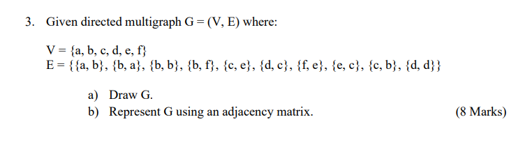 Solved 3. Given directed multigraph G=(V,E) where: | Chegg.com