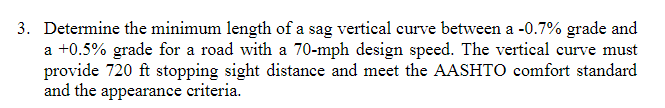 Solved Determine the minimum length of a sag vertical curve | Chegg.com
