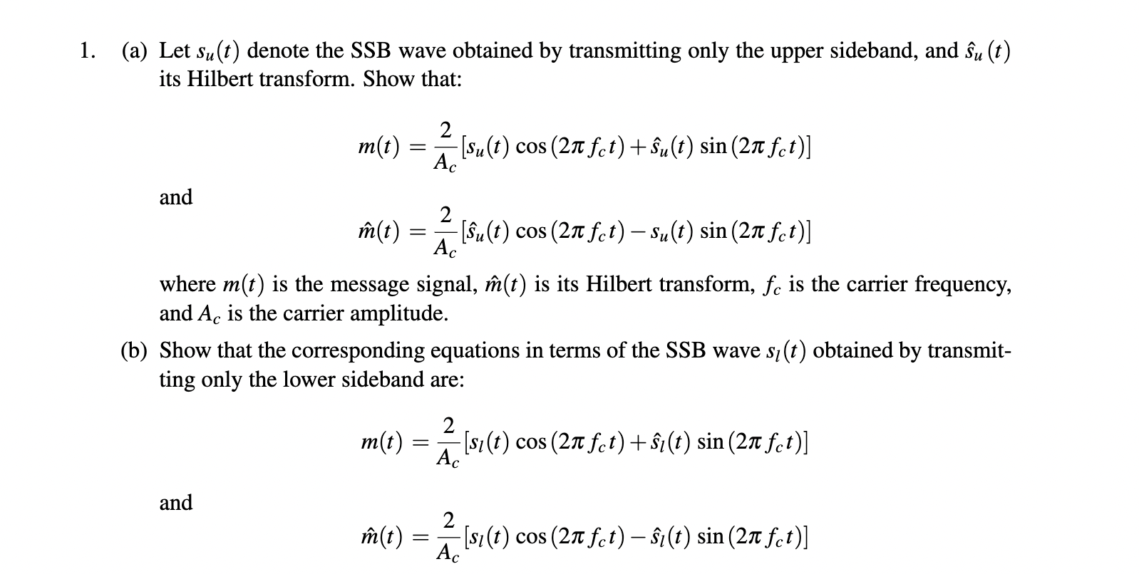 Solved (a) Let su(t) denote the SSB wave obtained by | Chegg.com