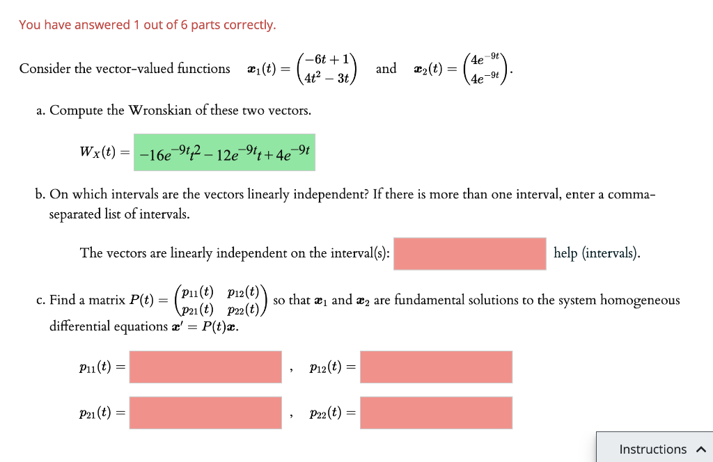 Solved You have answered 1 out of 6 parts correctly. (4e 9t) | Chegg.com