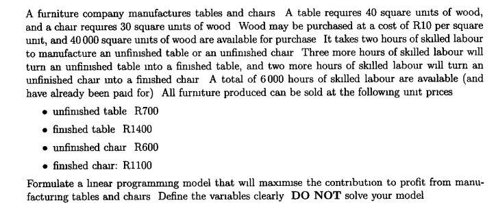 Solved A furniture company manufactures tables and chairs A | Chegg.com