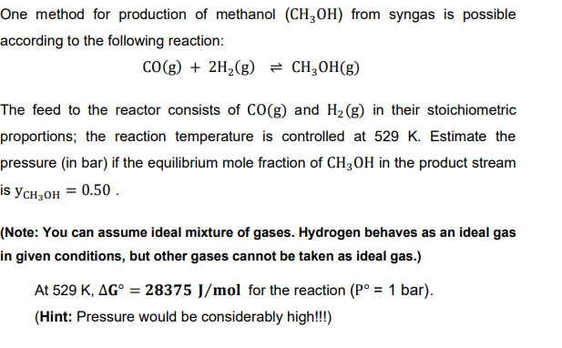 Solved One method for production of ﻿methanol (CH3OH) ﻿from | Chegg.com