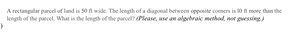 Solved A rectangular parcel of land is 50ft ﻿wide. The | Chegg.com