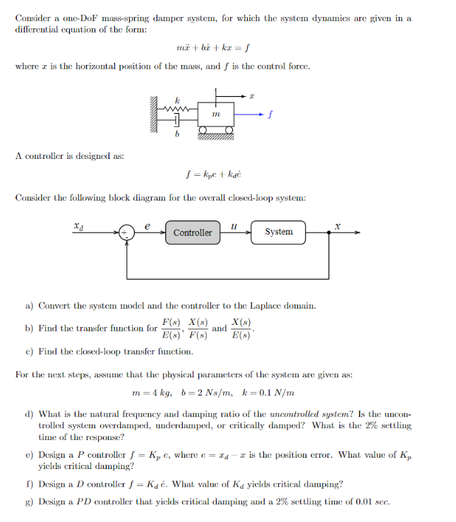 Solved Consider a one-DoF mass-spring damper system, for | Chegg.com