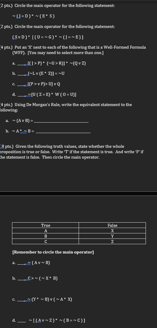 Solved 2 pts.) Circle the main operator for the following | Chegg.com Solved 2 pts.) Circle the main operator for the following | Chegg.com