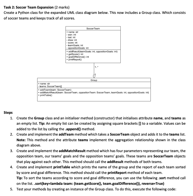 Solved Task 2: Soccer Team Expansion (2 marks) Create a | Chegg.com