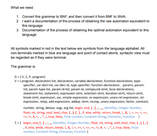 What we need: 1. Convert this grammar to BNF, and | Chegg.com