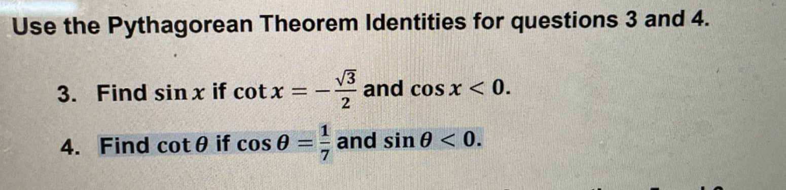 Solved Use the Pythagorean Theorem Identities for questions | Chegg.com
