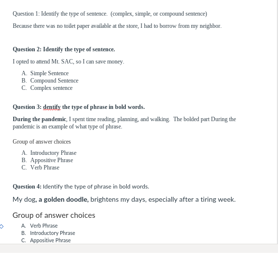 Question 1: Identify the type of sentence. (complex, | Chegg.com