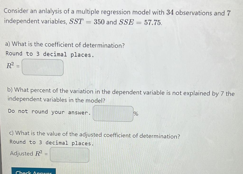 Solved Consider an anlalysis of a multiple regression model | Chegg.com