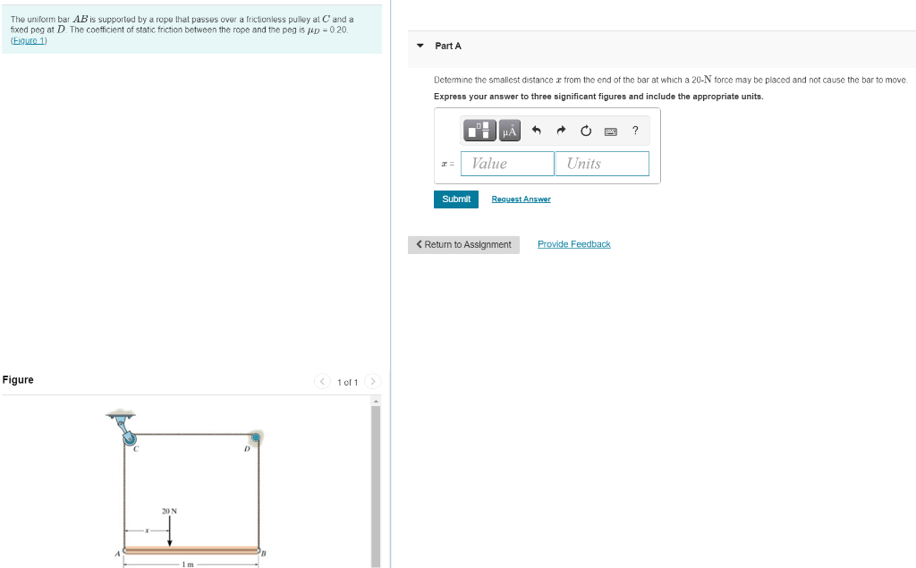 Solved The uniform bar AB is supported by a rope that passes | Chegg.com