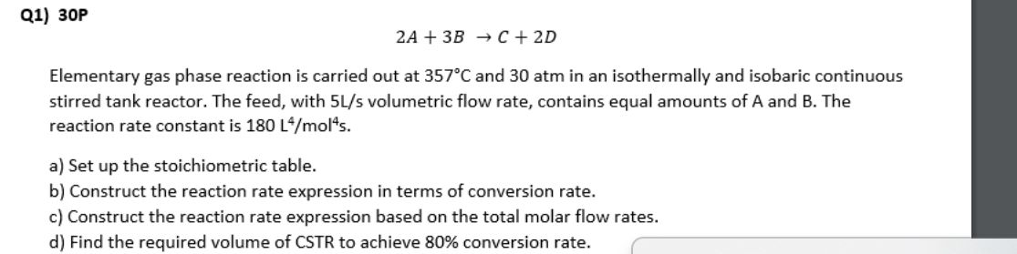 Solved 2A+3B→C+2D Elementary gas phase reaction is carried | Chegg.com