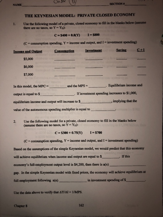 Solved NAME SECTION THE KEYNESIAN MODEL: PRIVATE CLOSED | Chegg.com