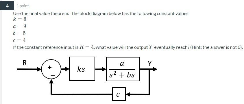 Solved 4 1 point Use the final value theorem. The block | Chegg.com