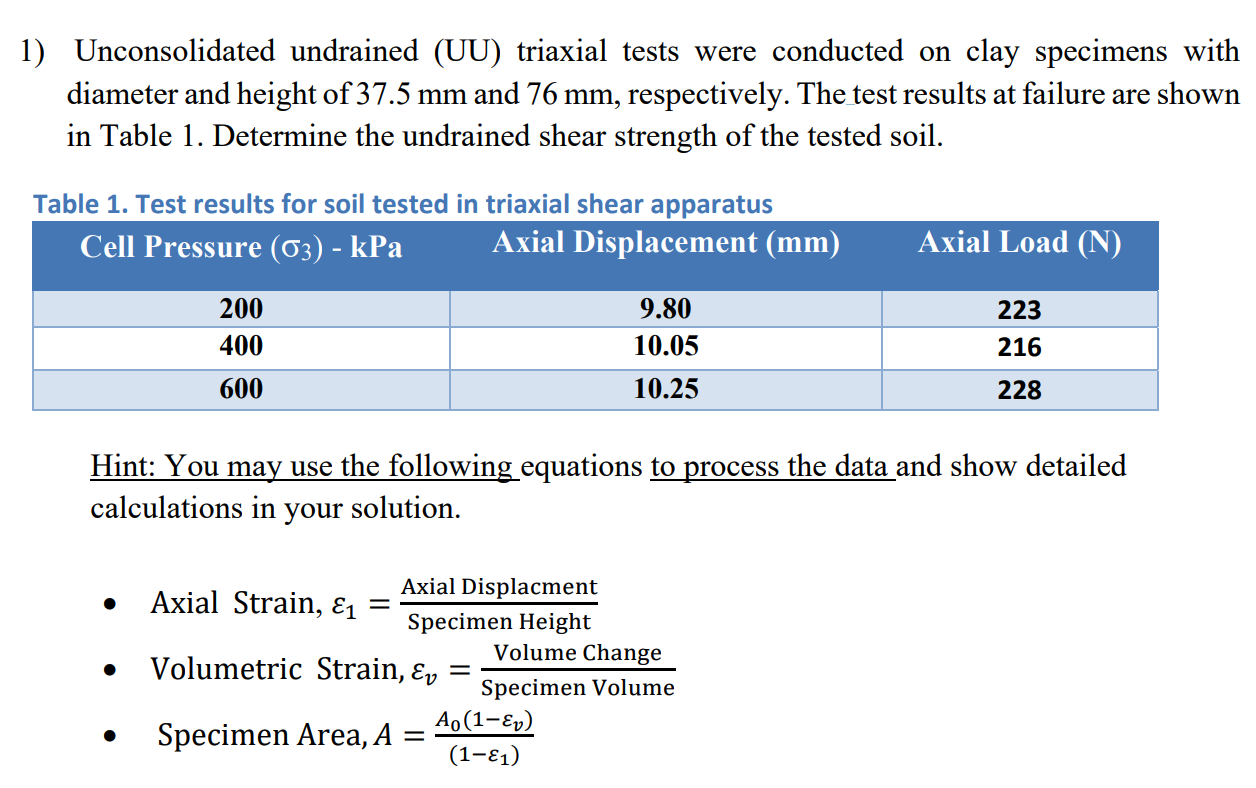 Solved 1) Unconsolidated undrained (UU) triaxial tests were | Chegg.com
