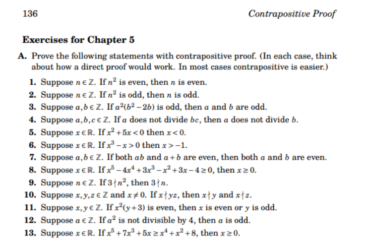 Solved 136 Contrapositive Proof Exercises for Chapter 5 A. | Chegg.com