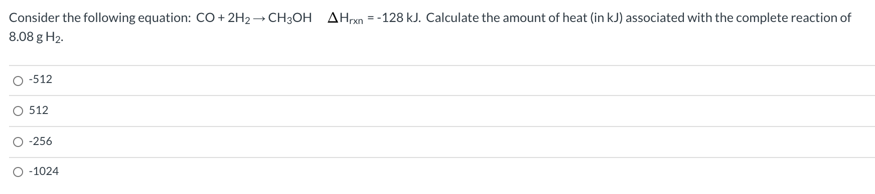 Solved Consider the following equation: CO + 2H2 - CH3OH | Chegg.com