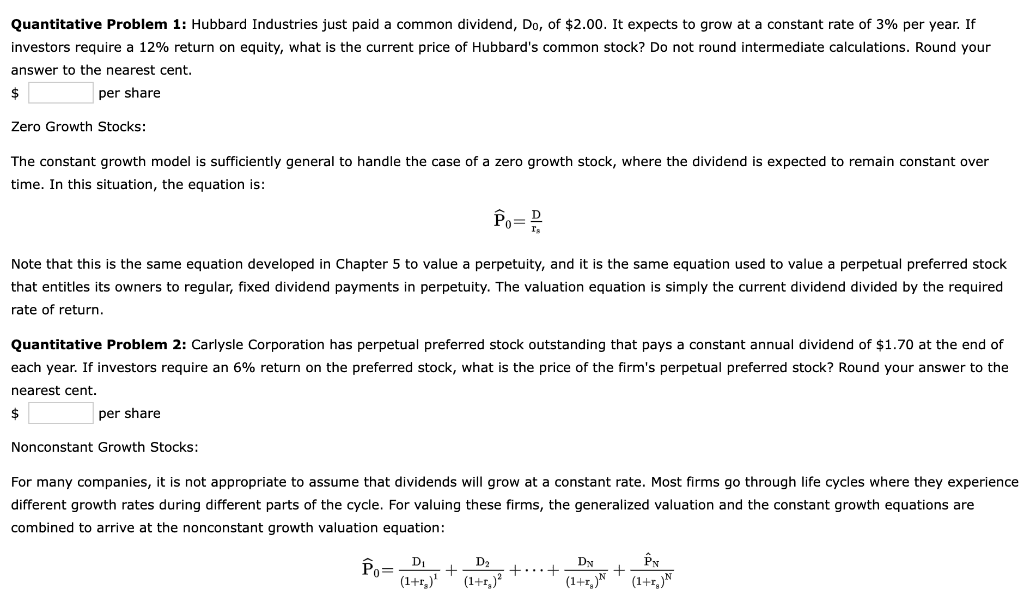 Solved Quantitative Problem 1: Hubbard Industries just paid | Chegg.com