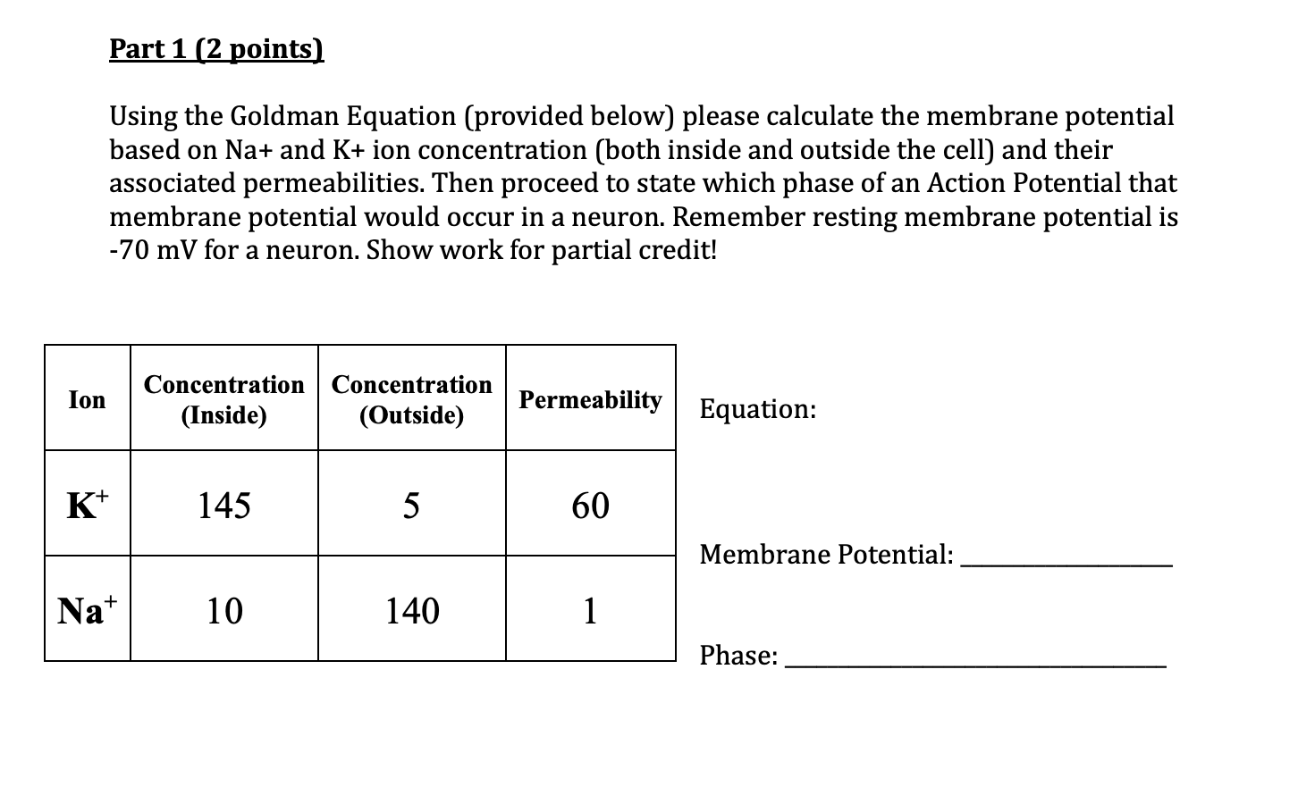 Solved Part 1 ( 2 points) Using the Goldman Equation | Chegg.com