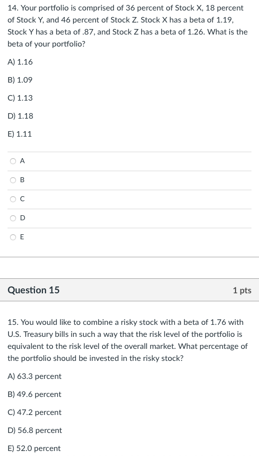 Solved 14. Your portfolio is comprised of 36 percent of | Chegg.com