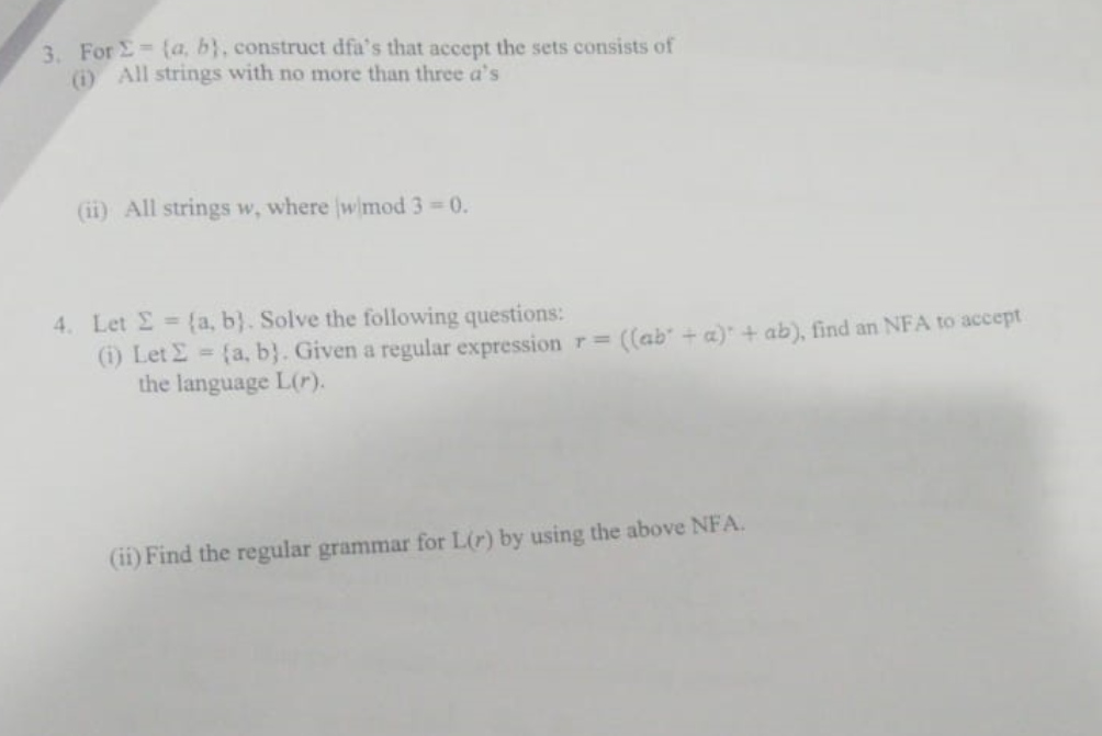 Solved 3. For = (a, b), construct dfa's that accept the sets | Chegg.com