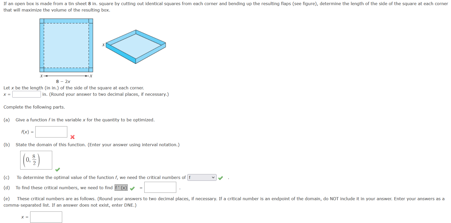 Solved If an open box is made from a tin sheet 8 ﻿in. | Chegg.com