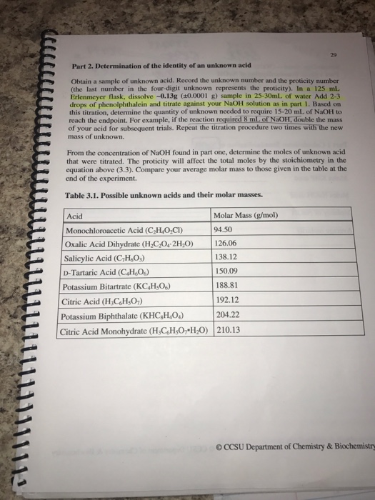 Solved Part 2 Calculations: Unknown Acid Average Molarity | Chegg.com