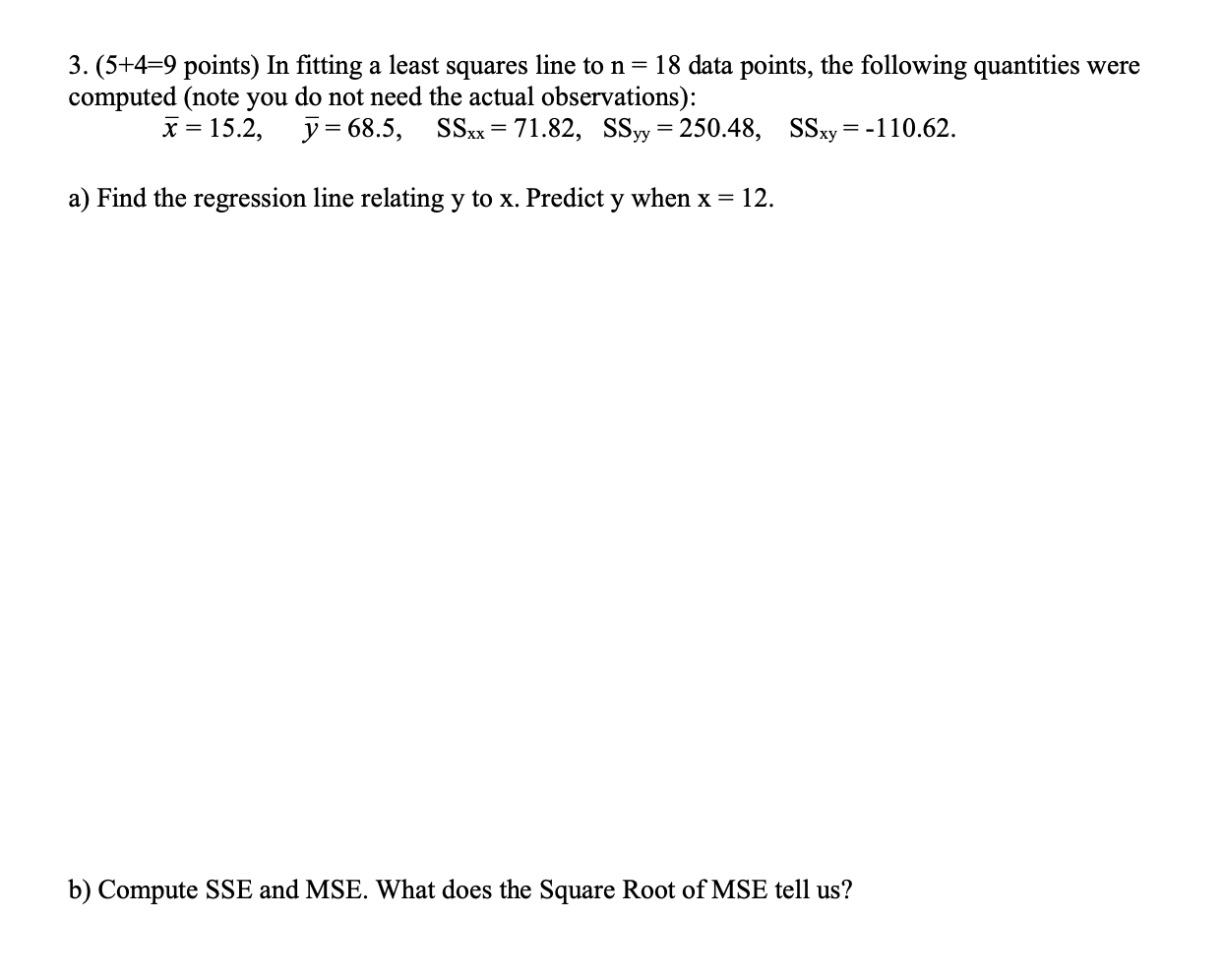 Solved 3. (5+4=9 points ) In fitting a least squares line to | Chegg.com