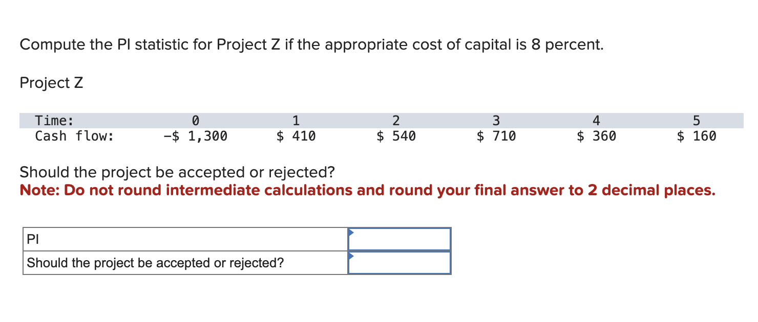 Solved Compute the PI statistic for Project Z if the | Chegg.com