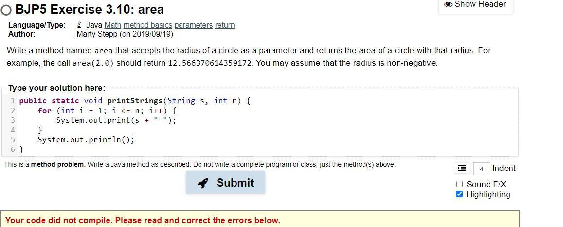 Solved Show Header OBJP5 Exercise 3.10: area Language/Type: | Chegg.com