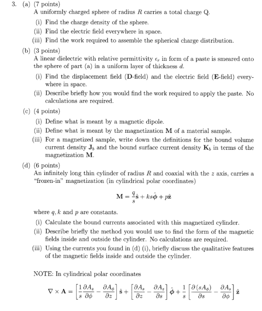 Solved 3. (a) (7 points) A uniformly charged sphere of | Chegg.com