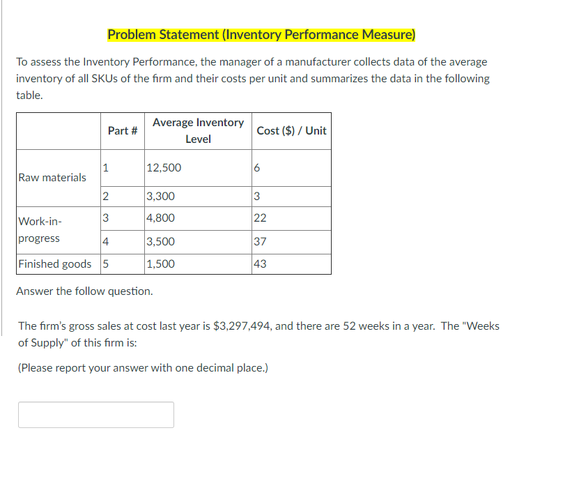 Solved Problem Statement (Inventory Performance Measure) To | Chegg.com