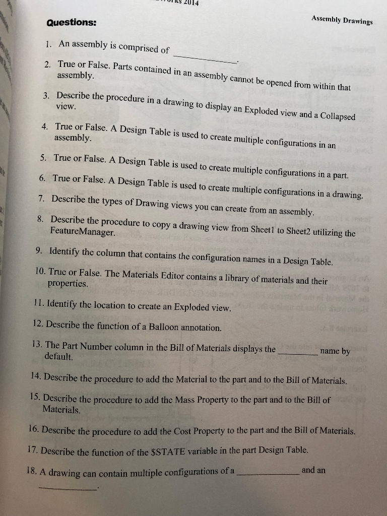 Solved Assembly Drawings Questions: 1. An assembly is | Chegg.com