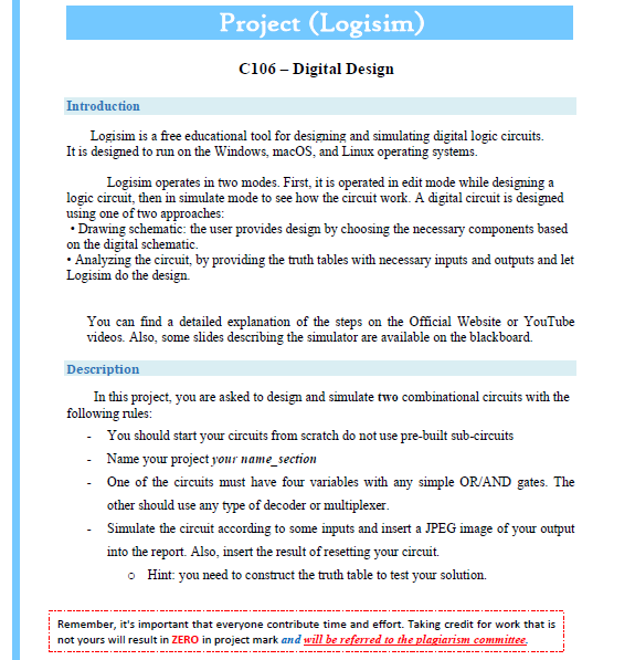 Project (Logisim) C106 - Digital Design Introduction | Chegg.com