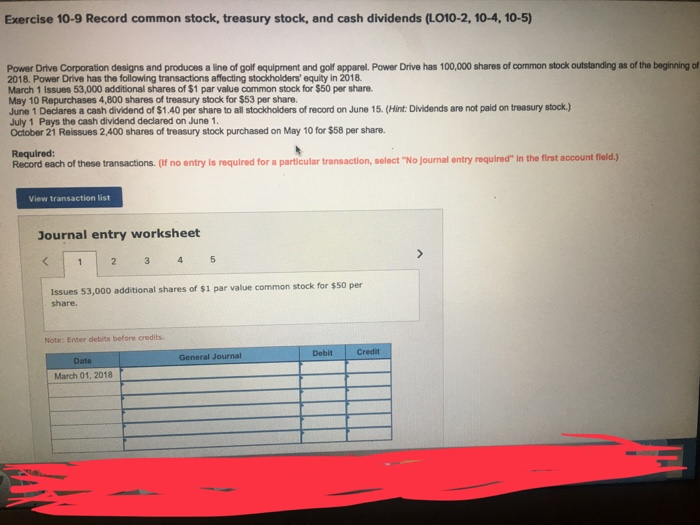 Solved Exercise 10-9 Record common stock, treasury stock, | Chegg.com