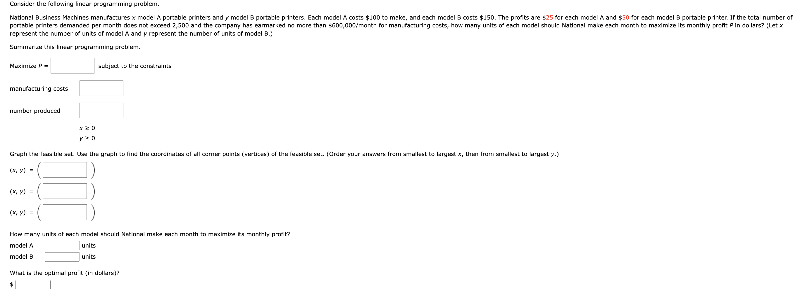 Solved represent the number of units of model A and y | Chegg.com