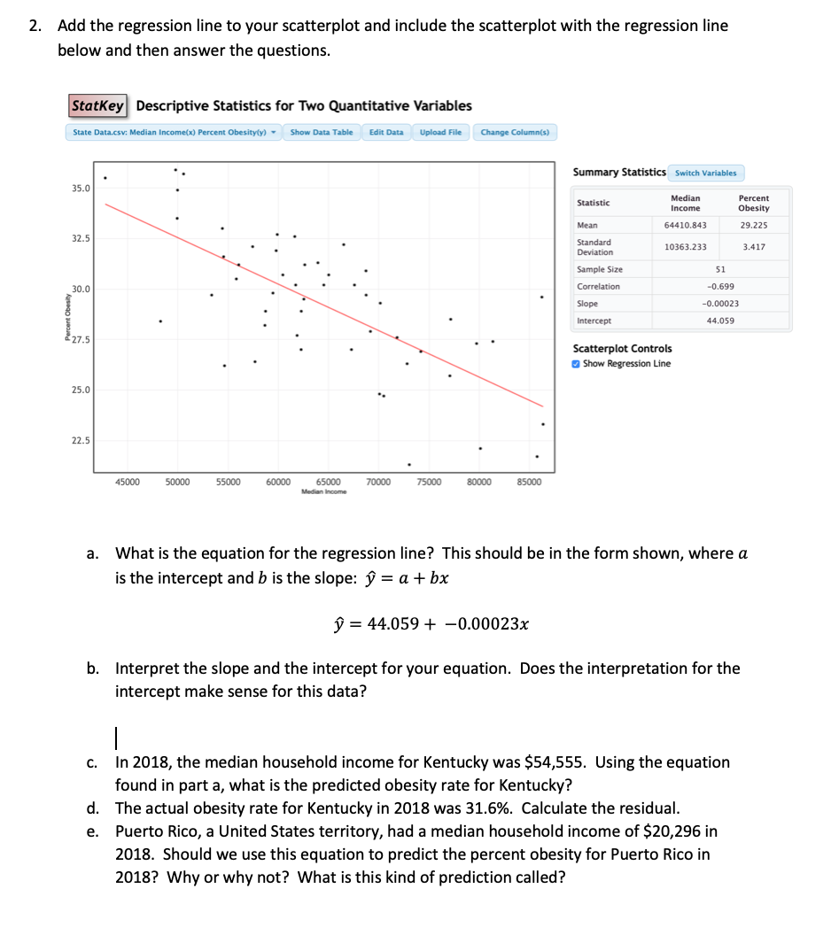 Solved 2. Add the regression line to your scatterplot and | Chegg.com