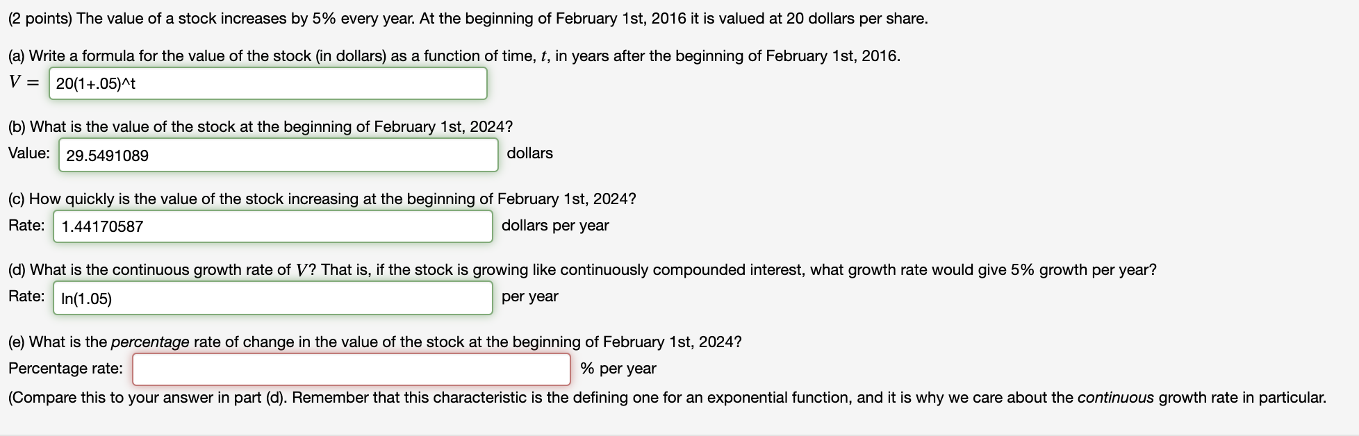 Solved (2 points) The value of a stock increases by 5% every | Chegg.com