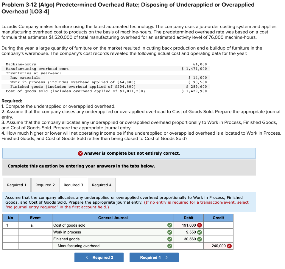 Solved Problem 3-12 (Algo) Predetermined Overhead Rate; | Chegg.com