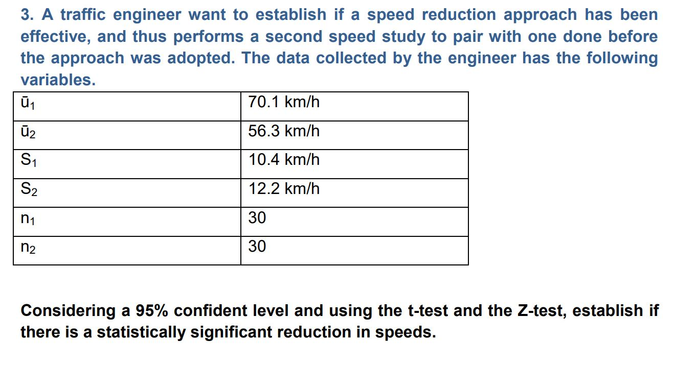 Solved A traffic engineer want to establish if a speed | Chegg.com
