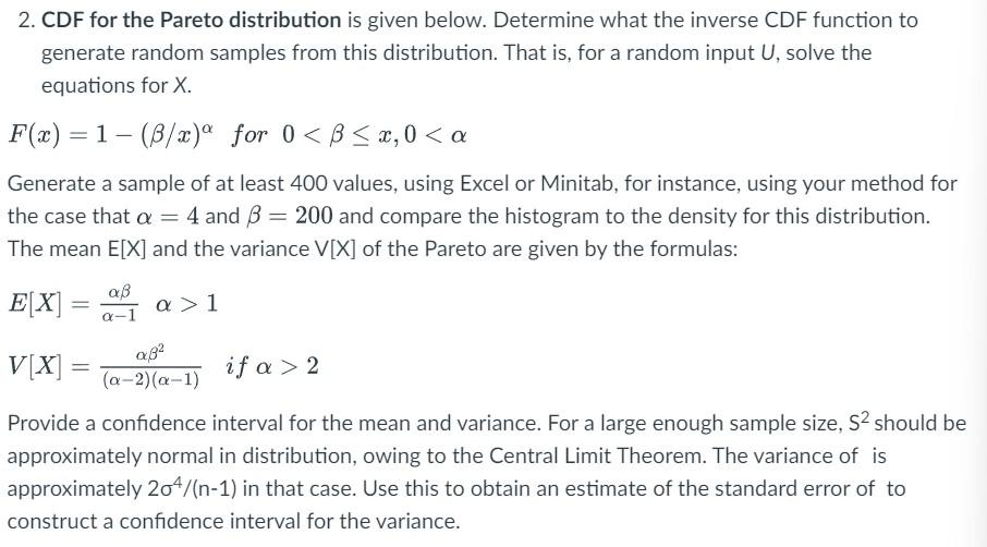 2. CDF for the Pareto distribution is given below. | Chegg.com