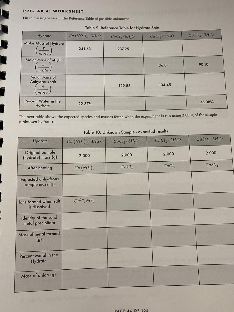 PRE-LAB 4: IDENTIFICATION OF AN UNKNOWN HYDRATE | Chegg.com