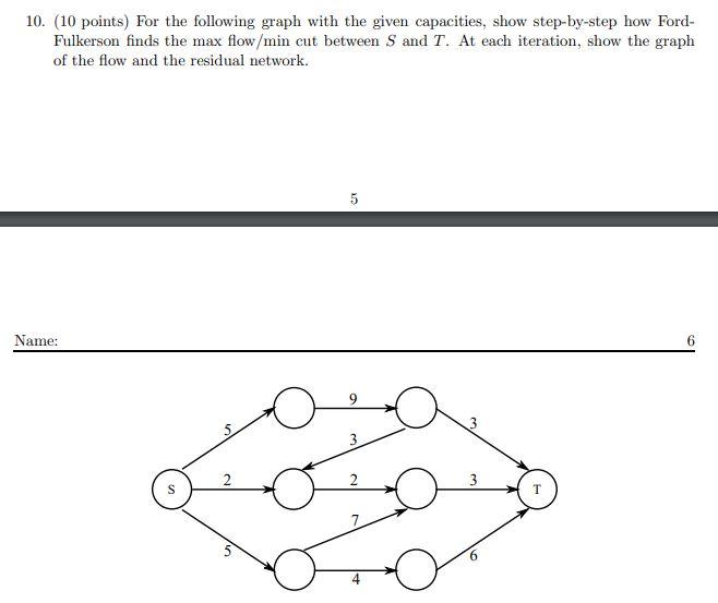 Solved 10. (10 points) For the following graph with the | Chegg.com