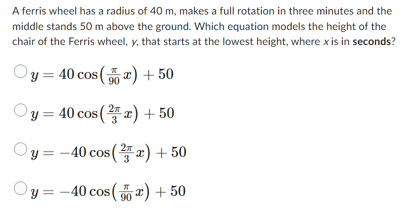 Solved A ferris wheel has a radius of 40 m, makes a full | Chegg.com